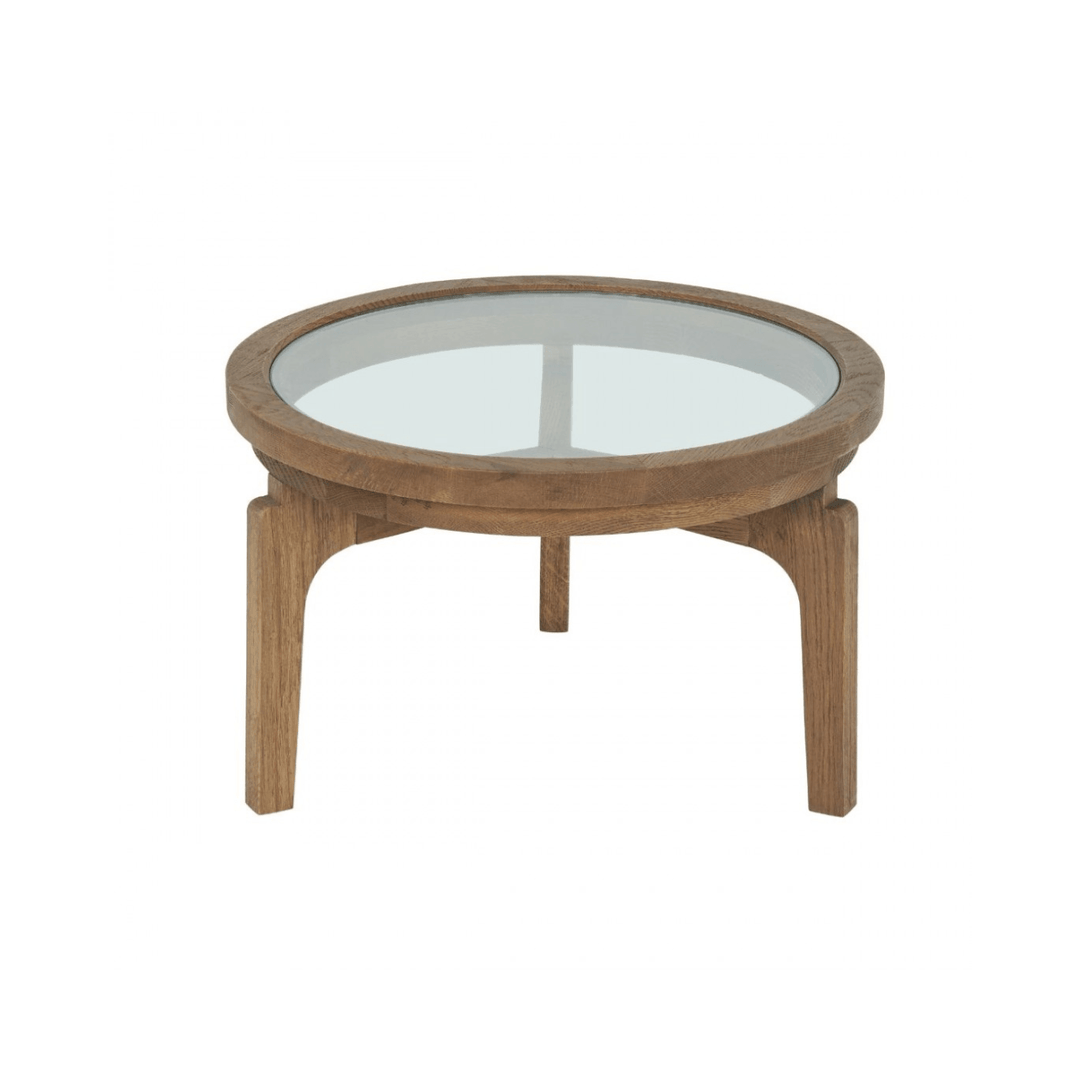 Morei Natural Oak Wood Round Coffee Table with Glass Top – Maison Rêves UK