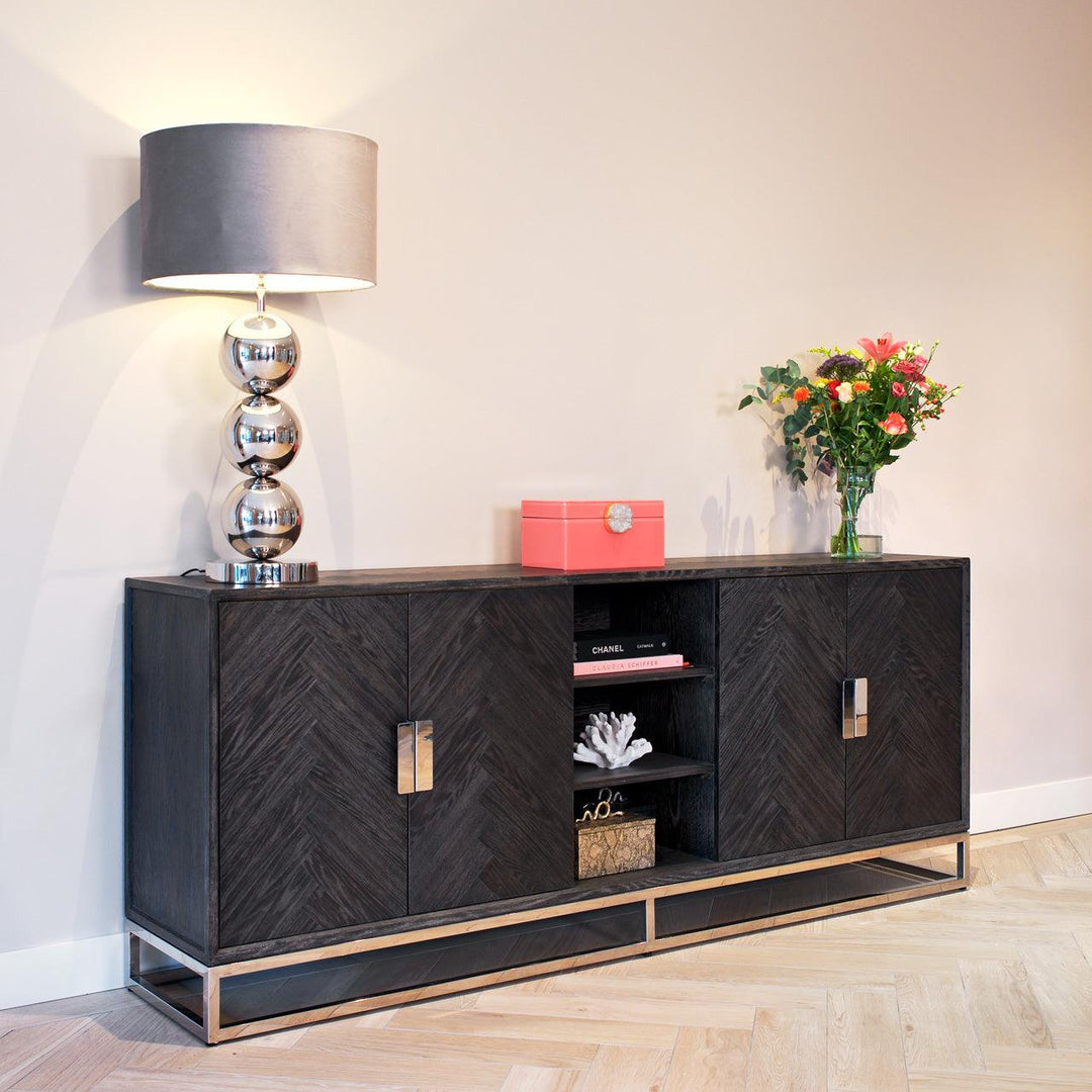 Blackbone Black Oak 4 Door Sideboard with Silver Base and Open Compart ...