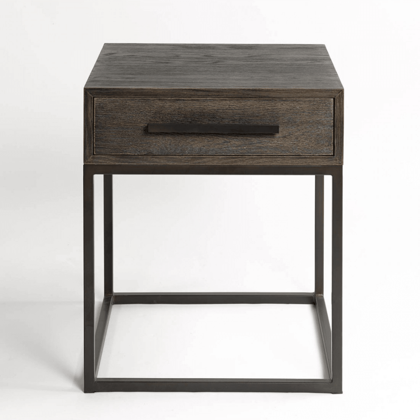 Martos Dark Grey Oak Bedside Table with Dark Metal Base – Maison Rêves UK