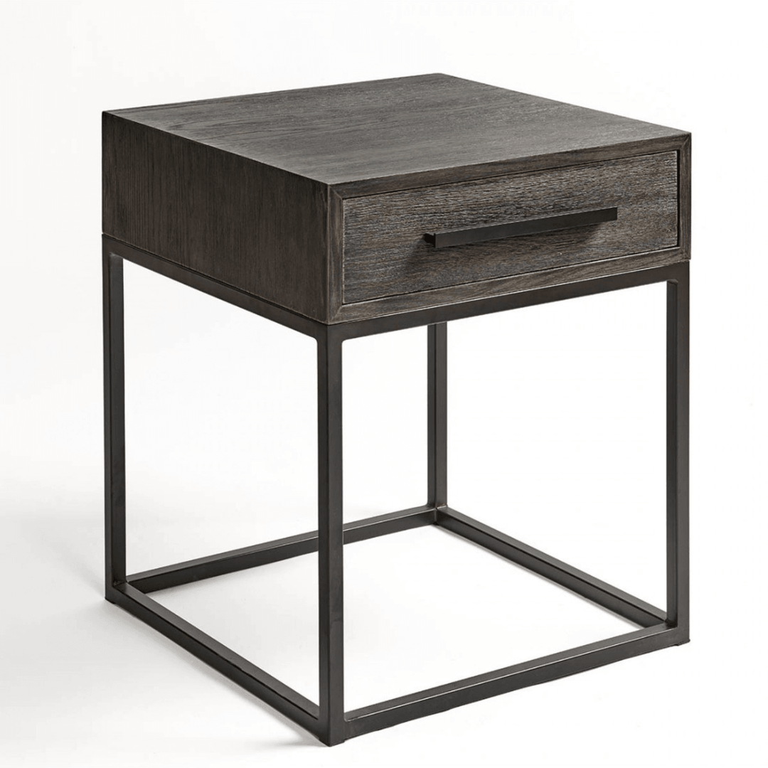 Martos Dark Grey Oak Bedside Table with Dark Metal Base – Maison Rêves UK