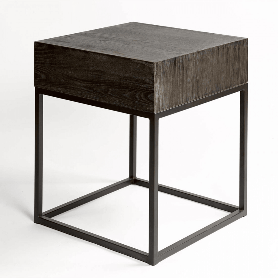 Martos Dark Grey Oak Bedside Table with Dark Metal Base – Maison Rêves UK